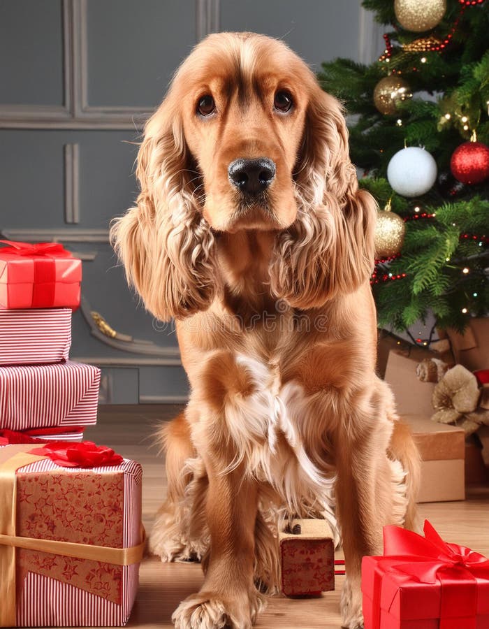 Christmas Gift English Cocker Spaniel Young Dog is Posing Stock ...