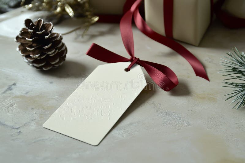 Christmas Gift Featuring an Empty Gift Tag and Festive Decorations ...