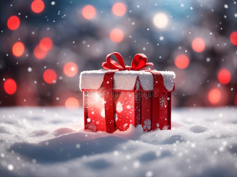 Christmas Gift in Red Box Falling Snow and Festive Lights Bokeh Blur ...
