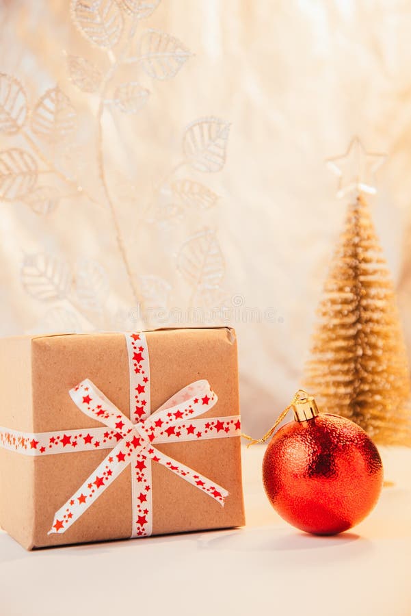 Christmas Gift with Red Ribbon and Christmas Balls. Copy-space Stock ...