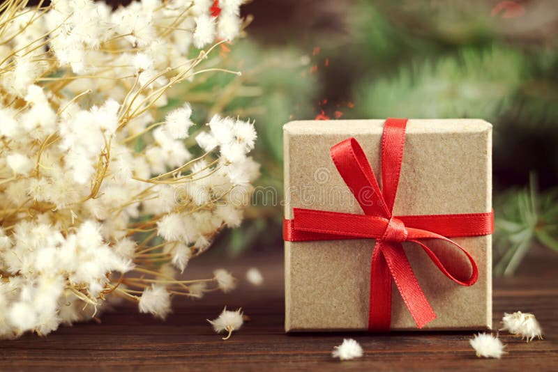 Christmas Gift with Red Ribbon Stock Image - Image of satin, greeting ...