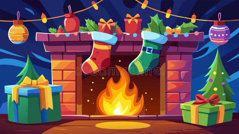 Christmas Gift Socks Hanging on the Fireplace with Fire Stock Vector ...
