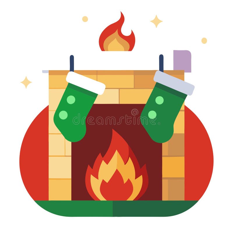 Christmas Gift Socks Hanging on the Fireplace with Fire Stock Vector ...