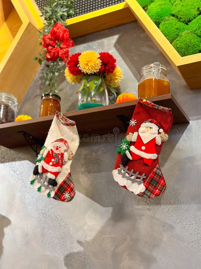 Christmas Gift Socks Hanging on a Wall. Stock Photo - Image of december ...