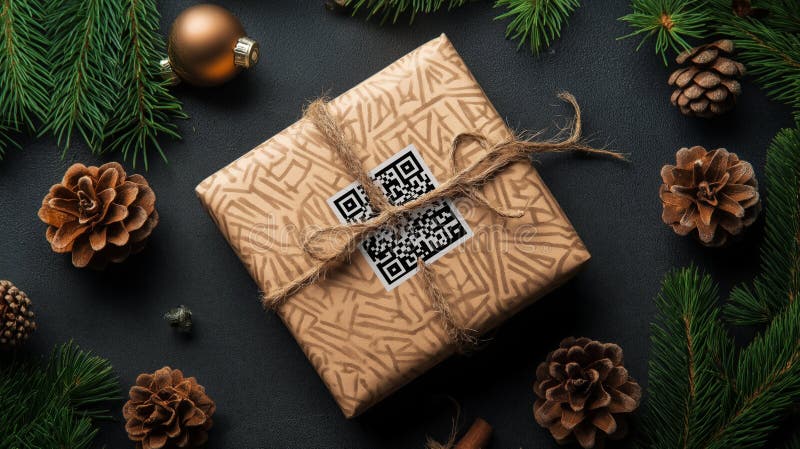 Christmas Gift Wrapped with QR Code and Twine, Modern Holiday Packaging ...
