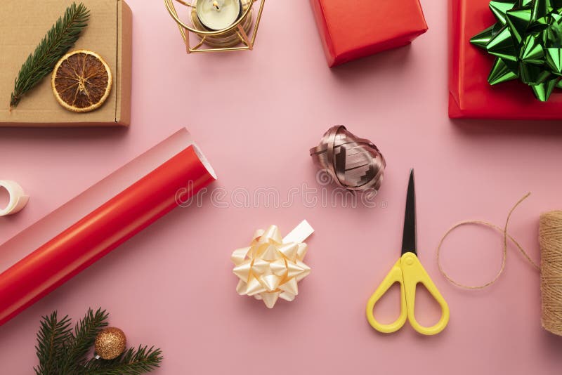 Christmas Gift Wrapping Process Stock Photo - Image of pink, tools ...