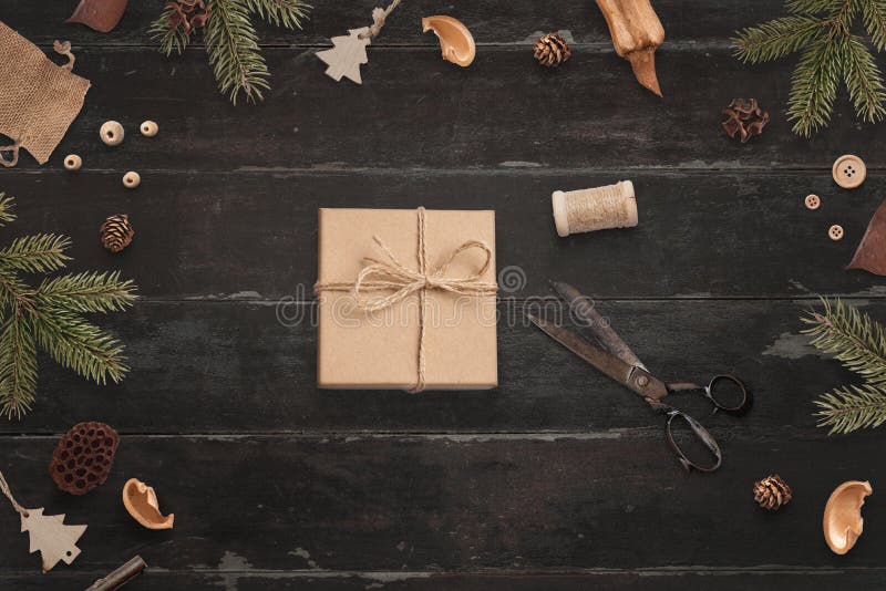 Christmas Gift Wrapping. Rustic Composition Stock Image - Image of year ...