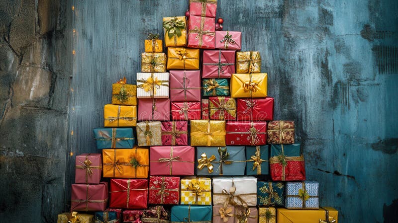 Christmas Gifts Arranged in the Shape of a Tree Creating Festive ...