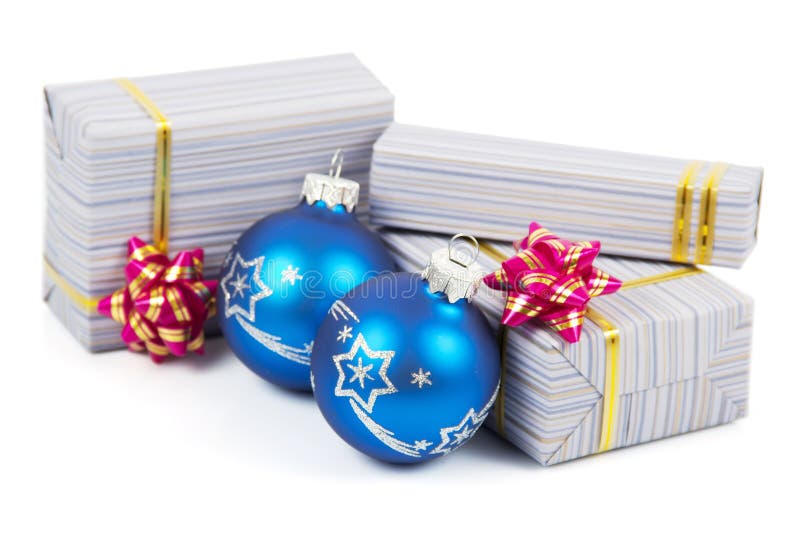 Blue Christmas Balls and Blue, Gold Gift Boxes Stock Image - Image of ...