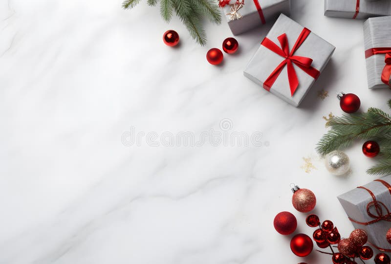 Christmas Gifts & Decorations Flat Lay on Marble Stock Illustration ...