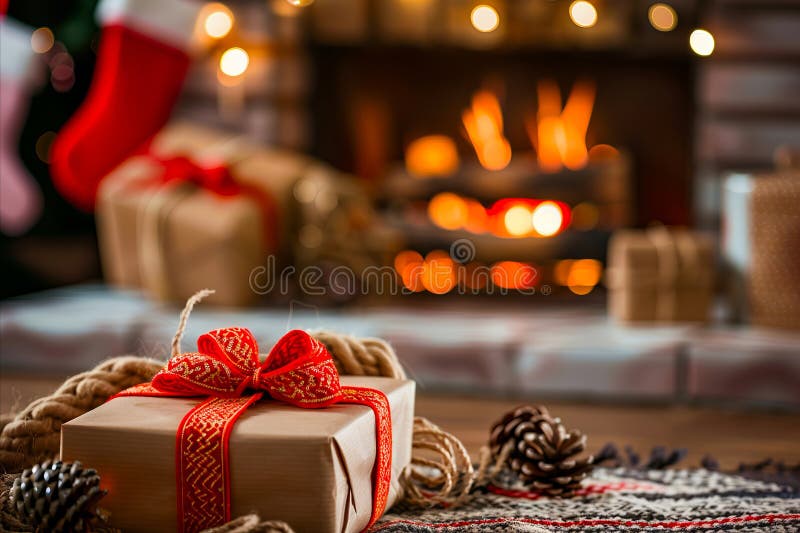 Christmas Gifts in Front of a Fireplace Stock Image - Image of twine ...