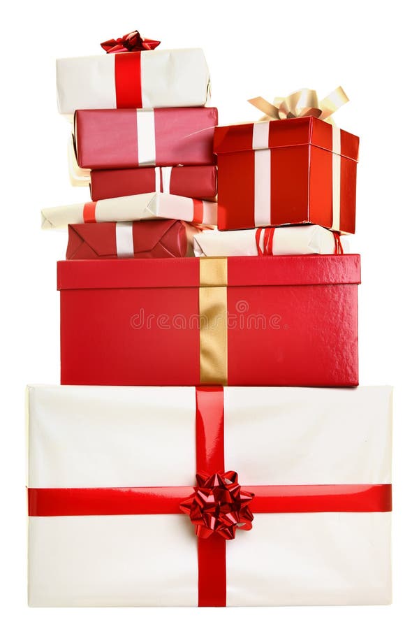 Tall Stack of Christmas Presents Isolated on White Stock Photo - Image ...