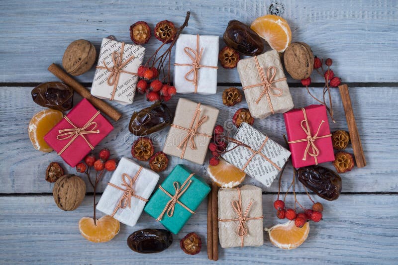 Christmas Gifts, Rowan, Nuts, Spread on Painted White Boards Stock ...