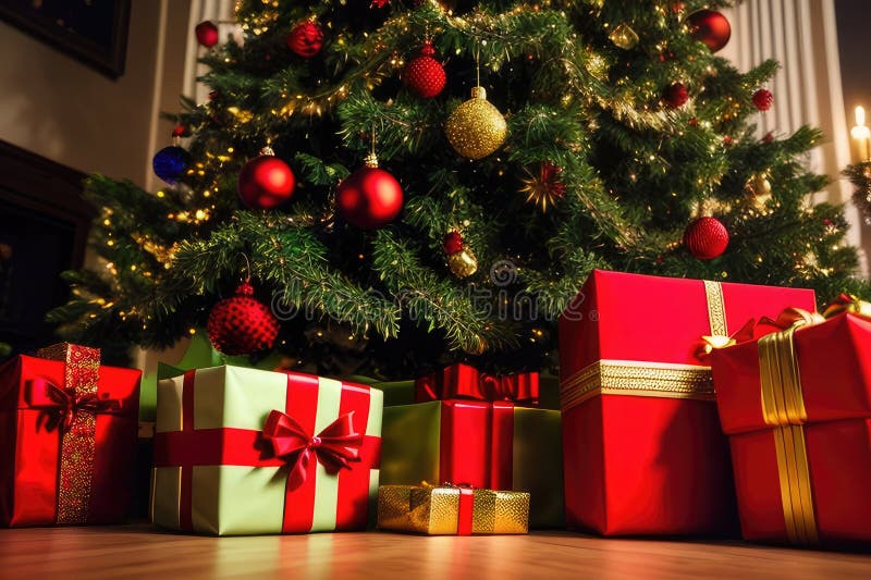 Christmas Gifts Under Christmas Tree, Vibrant Color Stock Illustration ...