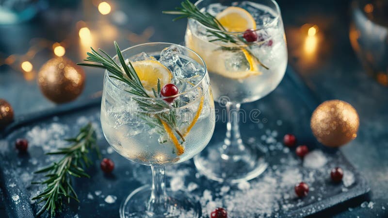 Christmas Gin and Tonic with Rosemary and Lemon Stock Photo - Image of ...