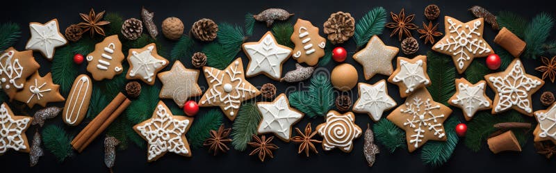 Christmas Gingerbread Cookies Fir Twigs Header. Generative AI Stock ...