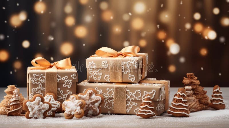 Christmas Gingerbread Cookies Shaped As Gift Boxes Decorated with Bows ...