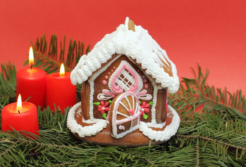 Christmas Gingerbread House with Candles Stock Image - Image of winter ...