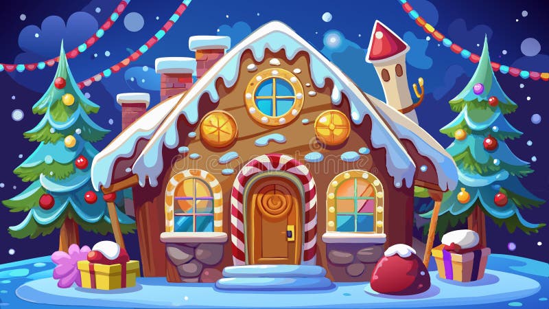 Christmas Gingerbread House in a Decorated Room with Highlights. Stock ...