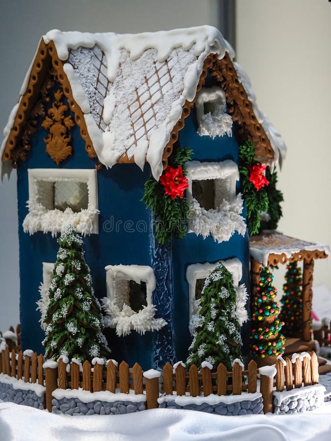Christmas Gingerbread Blue House Dessert Cookies Stock Image - Image of ...