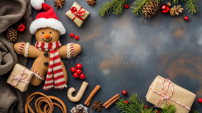 Christmas Gingerbread Man with Holiday Decorations and Gifts, Space for ...