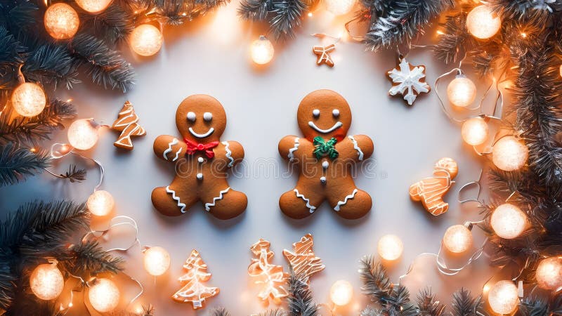 Christmas Gingerbread Men and Garland Lights Stock Illustration ...