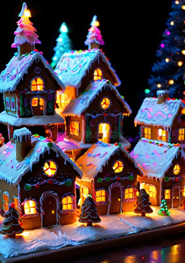 A Christmas Gingerbread Village with Colorful Evening Lighting ...