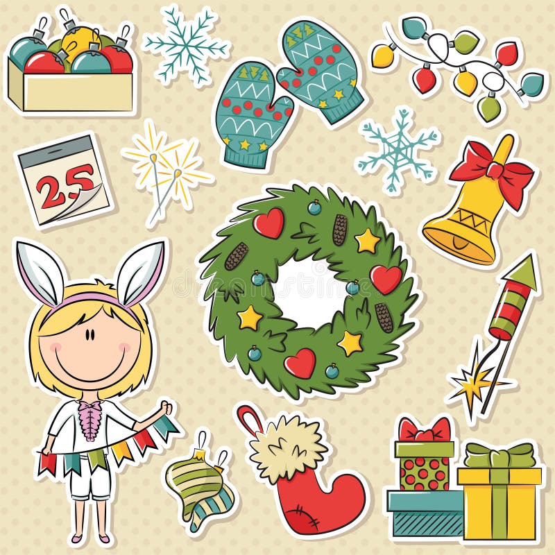 Christmas Girl with Holidays Objects Stock Vector - Illustration of ...
