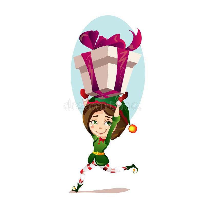 Christmas Girl with a Magic Elf Runs a Great Gift Stock Illustration ...