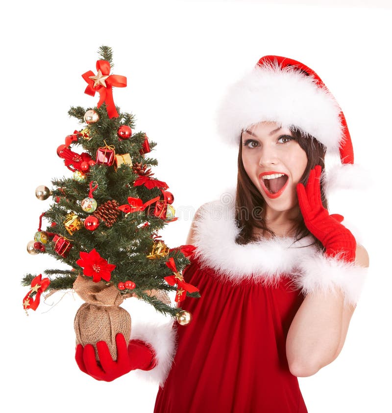 Christmas Girl in Santa Hat with Small Tree. Stock Photo - Image of ...