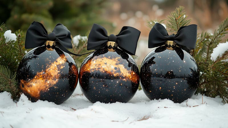 Christmas Glossy Space Themed Balls with Black Bows Decoration on the ...