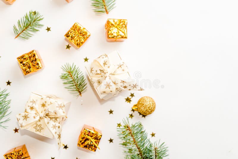 Christmas Gold Flat Lay, Composition of Gifts Boxes and Branches Stock ...