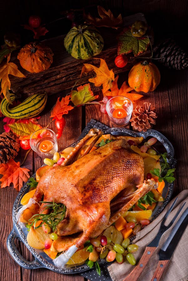 Christmas Goose with Pumpkin and Fruit Filling Stock Image - Image of ...