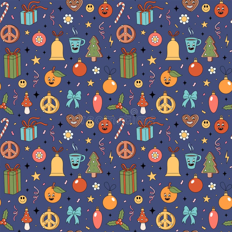 Christmas Groovy Elements Pattern. Christmas Objects in Retro 70s Style ...