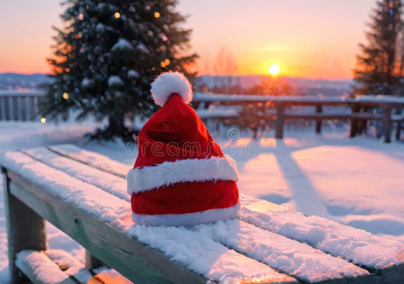 A Christmas Hat on a Snow-Covered Bench, at Sunset. Generative AI Stock ...