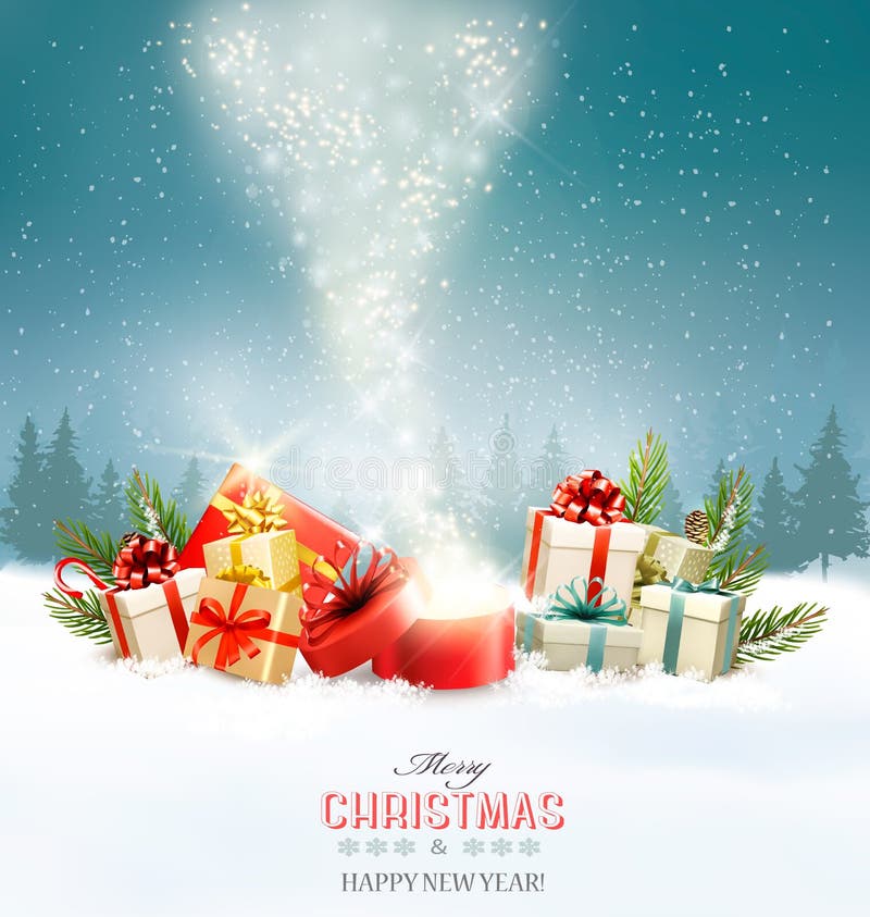 Christmas Holiday Background with Presents and Magic Box. Stock Vector ...