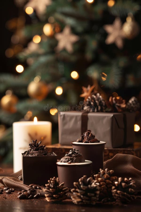 Christmas Holiday Dessert Concept: Mocha Mousse Gift Boxes with Festive ...