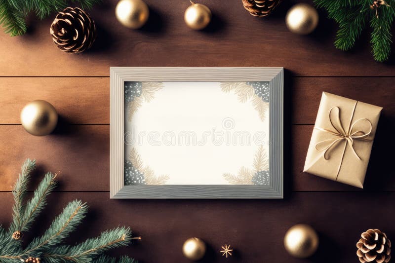 Christmas Holiday Greeting Frame Design Mockup with Decoration on Wood ...