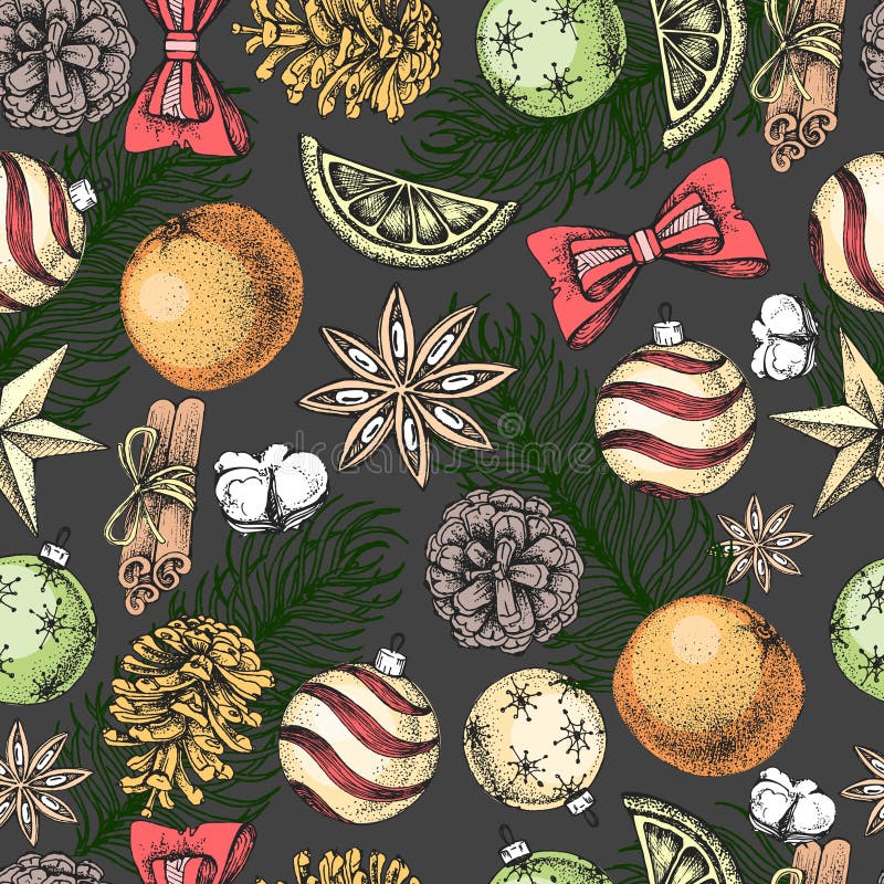 Christmas Holiday Hand Drawing Seamless Pattern. Christmas Attributes ...