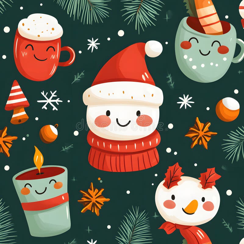 Christmas Holiday Patterns on a Black Background. Mugs, Bows and ...