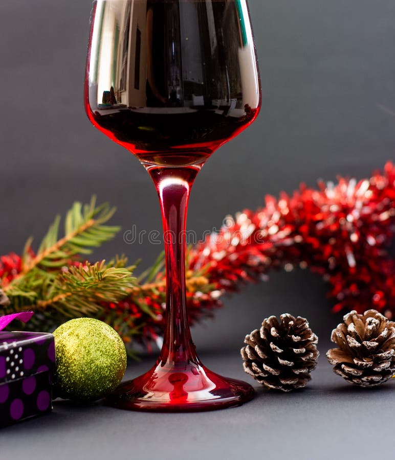 Christmas Holiday Red Wine on Wood Table Stock Photo - Image of wine ...