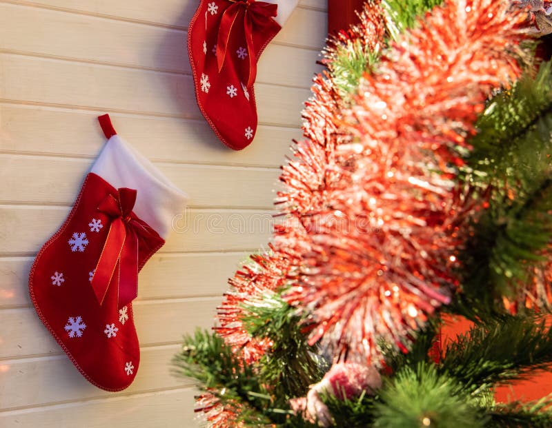 Christmas Holidays Decoration Interior Space with Tree and Socks on ...