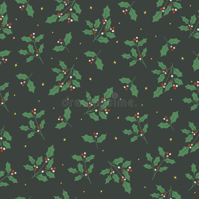 Christmas Holly Tree Leaf and Red Berry Motif Seamless Repeat Pattern ...