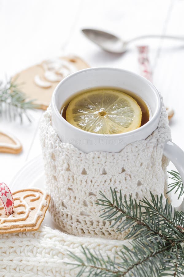 Christmas Hot Tea with Cold Days Stock Image - Image of setting, desk ...