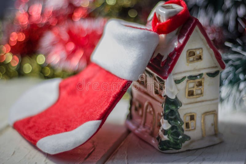 Christmas House Decorated with Big Santa Boot on Pipe. Stock Image ...