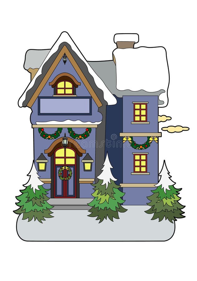 Christmas House with Fir Trees Stock Vector - Illustration of ...
