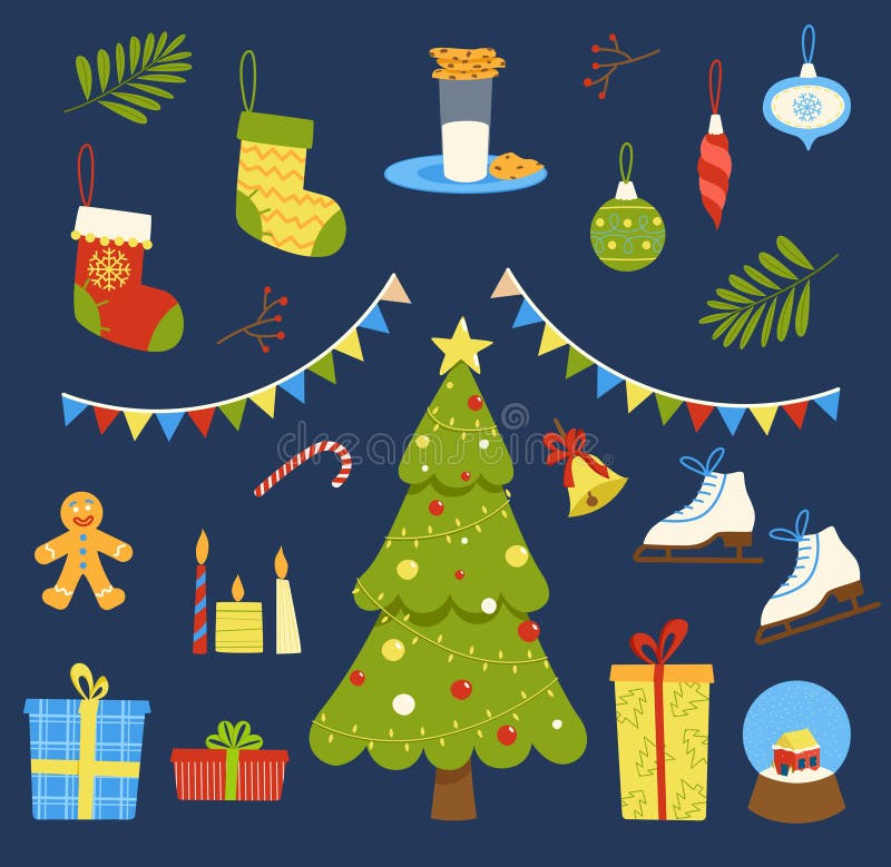 Christmas Icon Vector Set in Flat Style. Christmas Decor and Items for ...