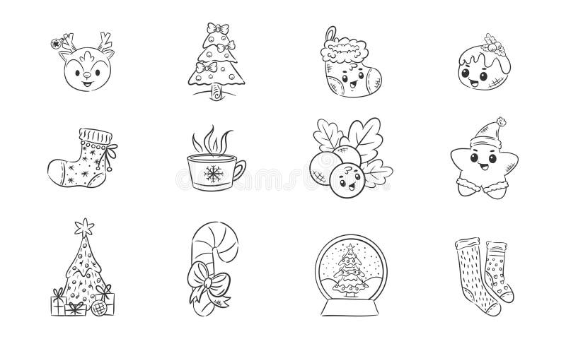 Christmas Icons Decoration Hand Drawn for Coloring Stock Vector ...