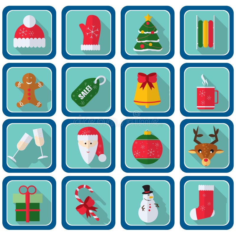 Christmas Icons, Flat Style. Square Buttons with New Year Items Stock ...
