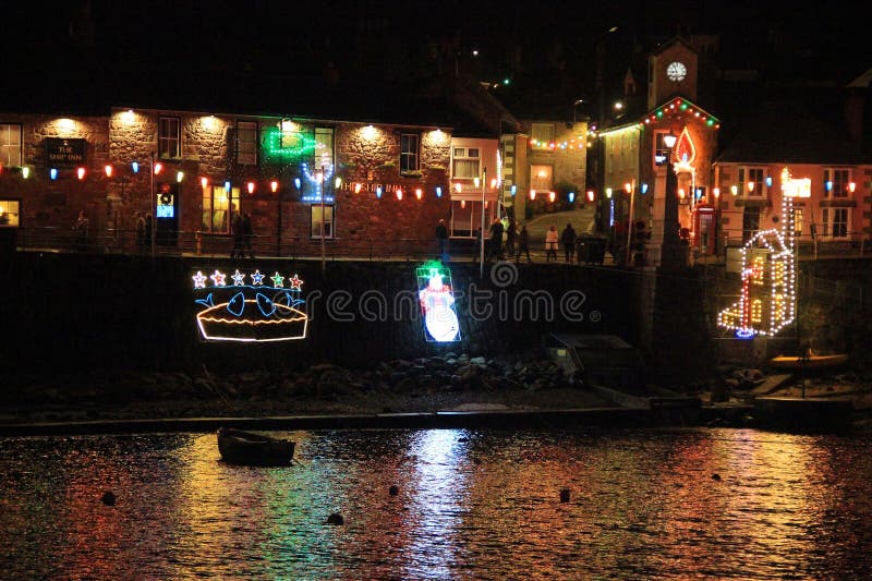 Christmas Illuminations on Mousehole Harbour, Cornwall, England. Stock ...